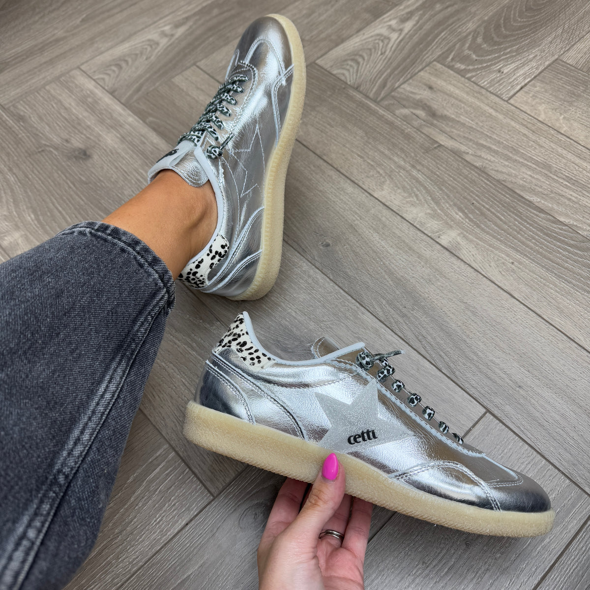 Cetti C-1385 Metallic Gum Sole Trainer With Print Heel - Metal Silver ...